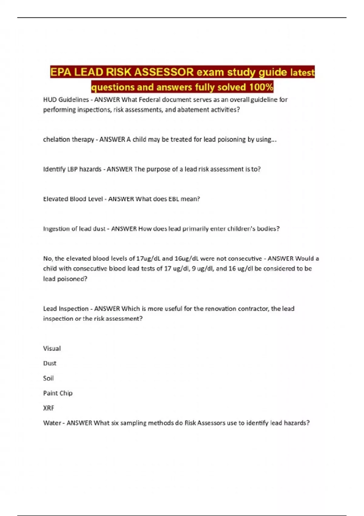 EPA LEAD RISK ASSESSOR EXAM PACKAGE DEAL QUESTIONS AND ANSWERS WITH ...