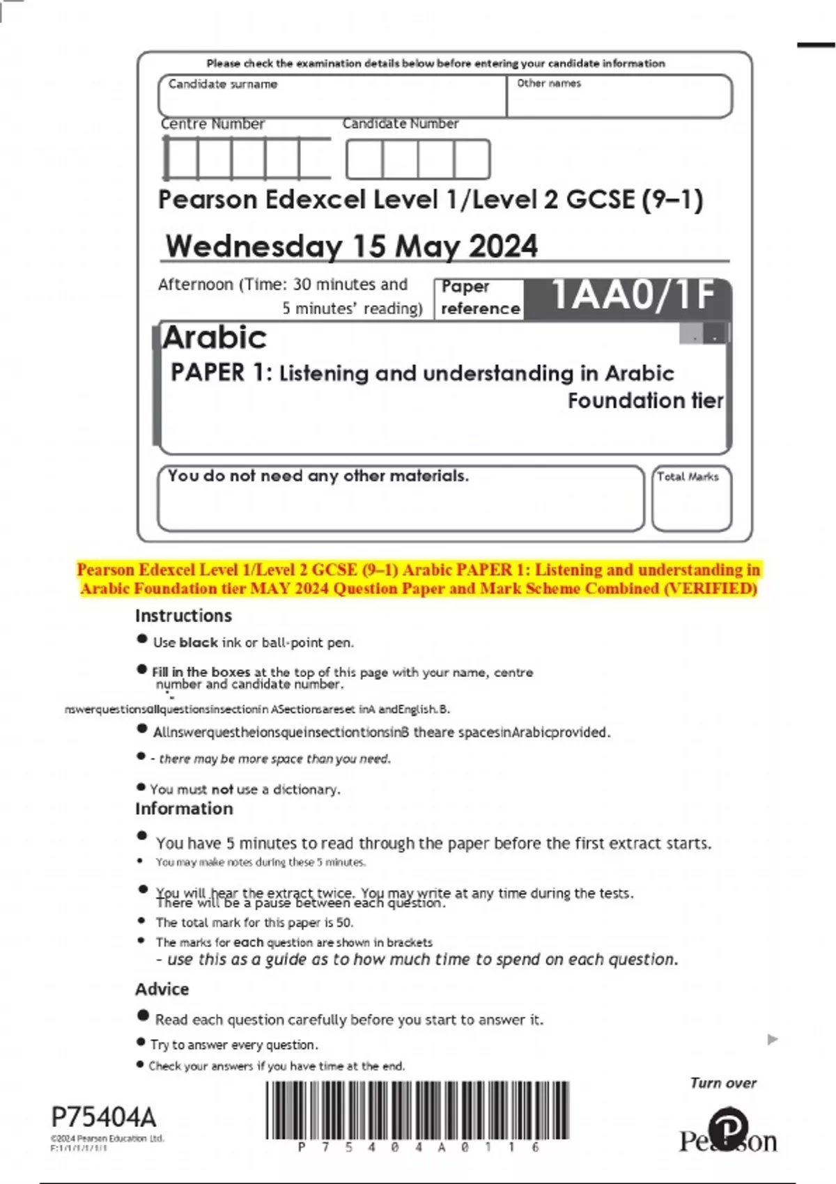 Pearson Edexcel Level 1/Level 2 GCSE (9–1) Arabic PAPER 1: Listening ...