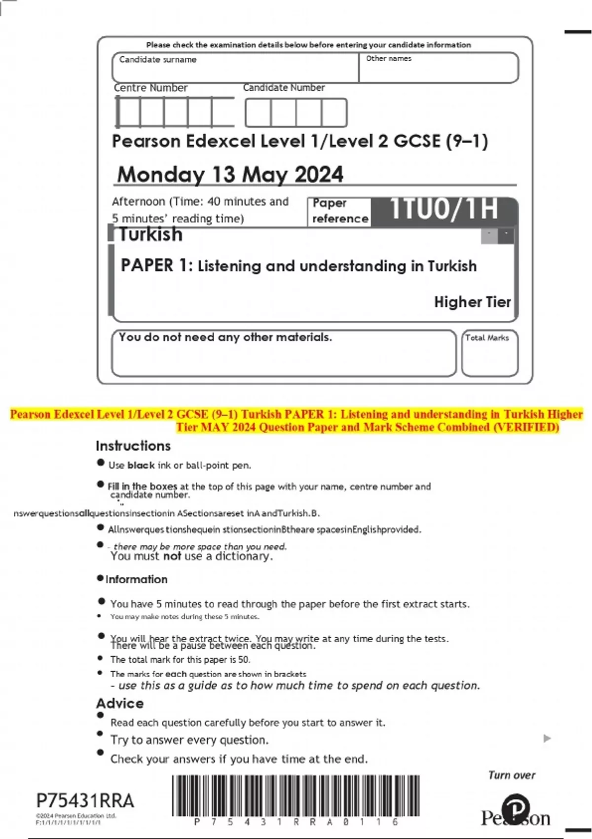Pearson Edexcel Level 1/Level 2 GCSE (9–1) Turkish PAPER 3: Reading and ...