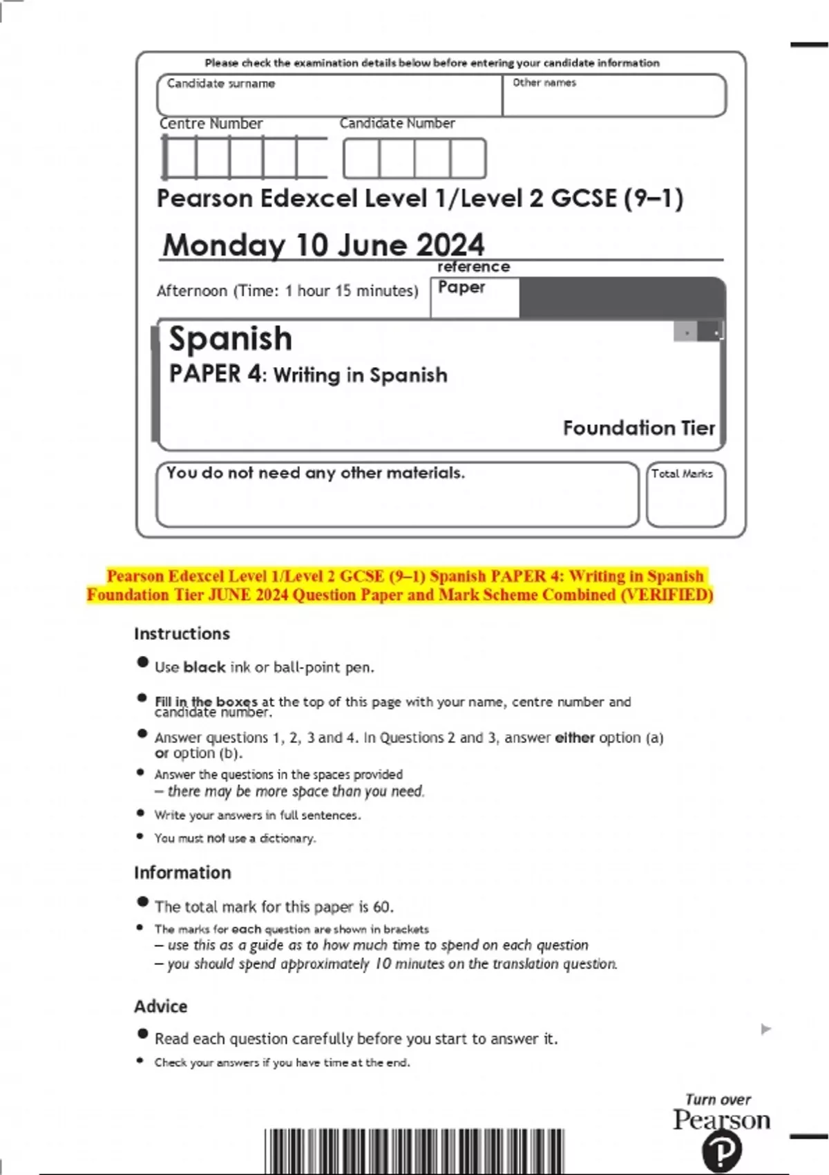 Pearson Edexcel Level 1/Level 2 GCSE (9–1) Spanish PAPER 4: Writing in ...
