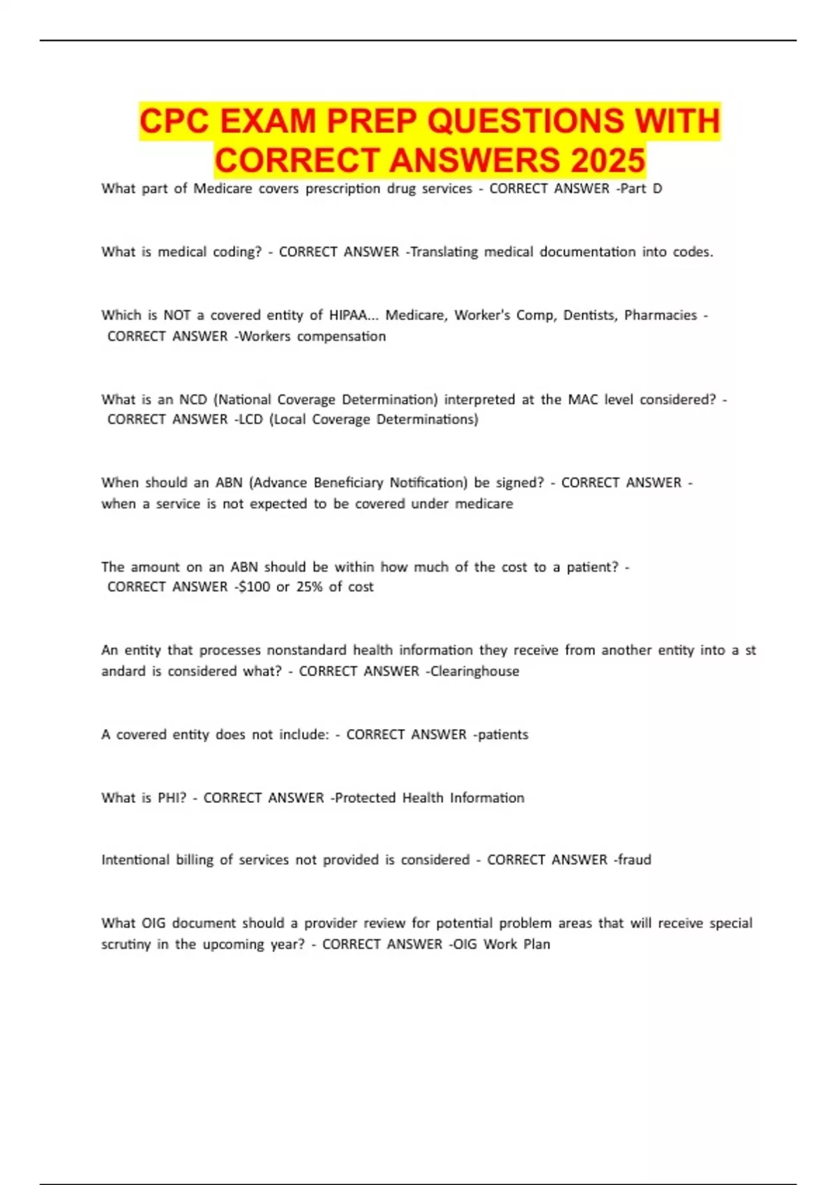CPC EXAM PREP QUESTIONS WITH CORRECT ANSWERS 2025 - AAPC CPC - Stuvia US