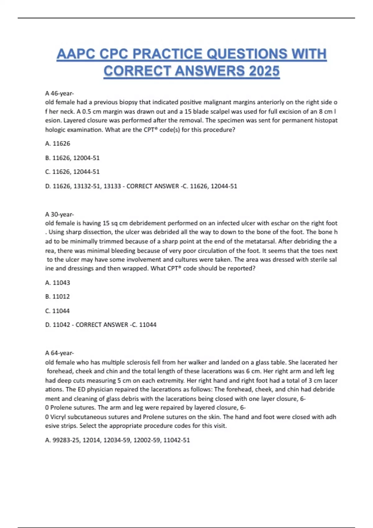 AAPC CPC PRACTICE QUESTIONS WITH CORRECT ANSWERS 2025 - AAPC CPC ...