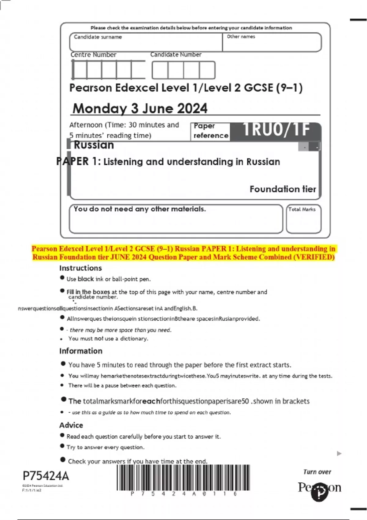 Pearson Edexcel Level 1/Level 2 GCSE (9–1) Russian PAPER 1: Listening ...