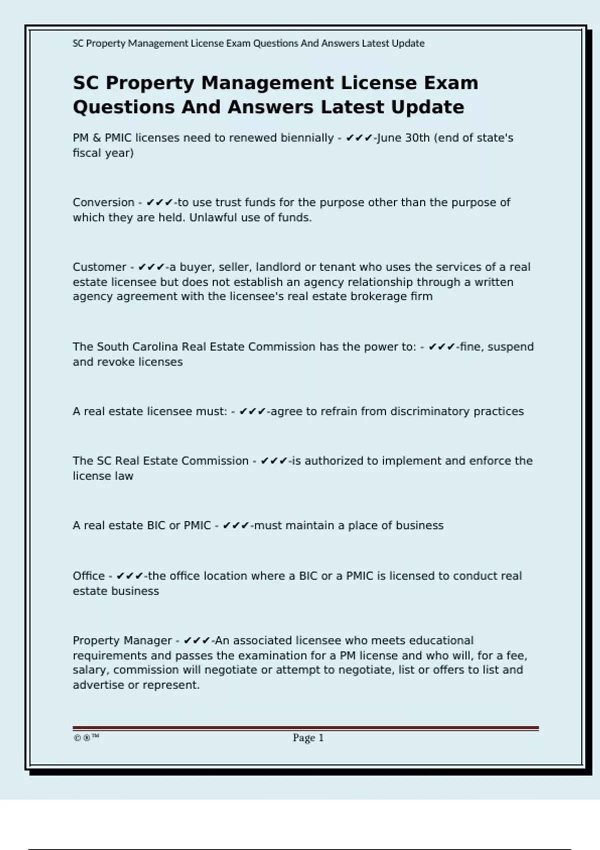 SC Property Management License Exam Questions And Answers Latest Update ...