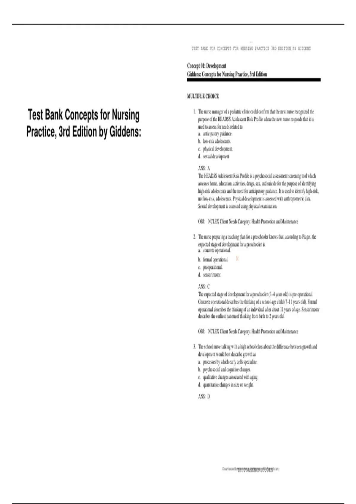 Test Bank Concepts for Nursing Practice, 3rd &4TH Edition by Giddens ...