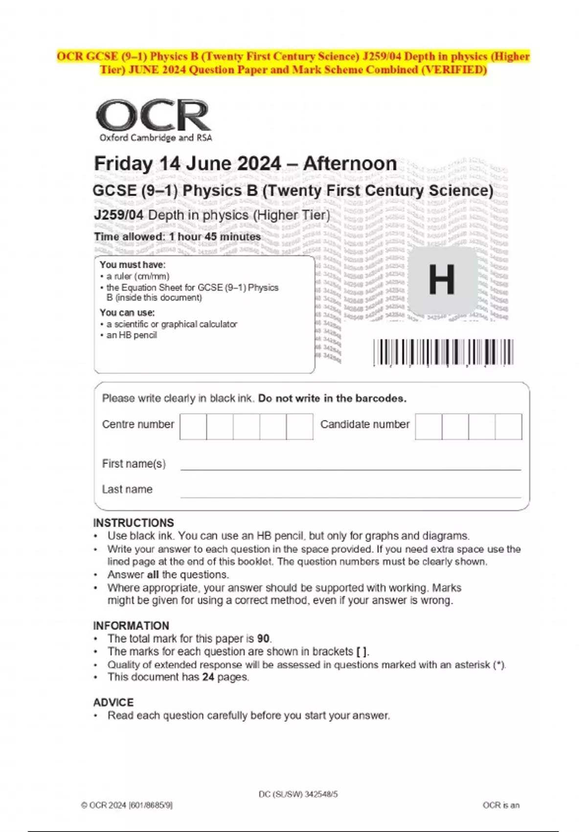 Pearson Edexcel Level 1/Level 2 GCSE (9–1) PAPER 4: Writing in ...
