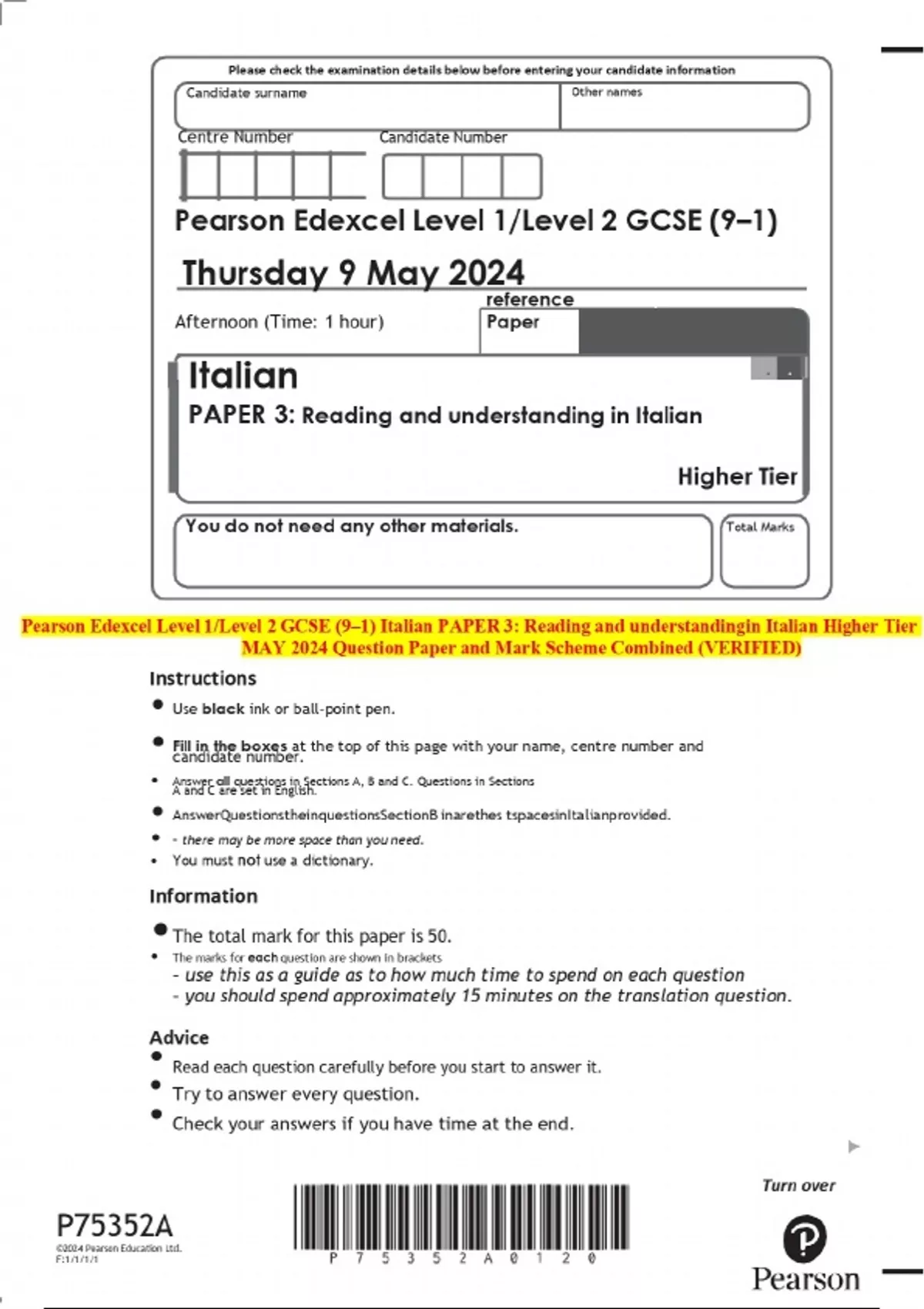 Pearson Edexcel Level 1/Level 2 GCSE (9–1) Italian PAPER 3: Reading and ...