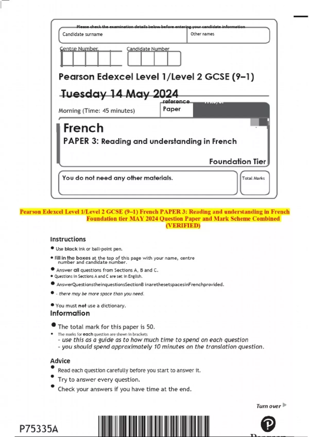 Pearson Edexcel Level 1/Level 2 GCSE (9–1) French PAPER 3: Reading and ...