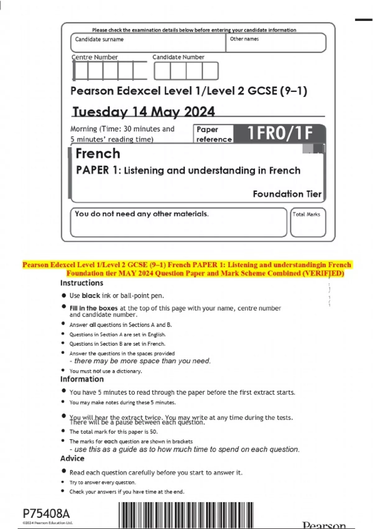 Pearson Edexcel Level 1/Level 2 GCSE (9–1) French PAPER 1: Listening ...
