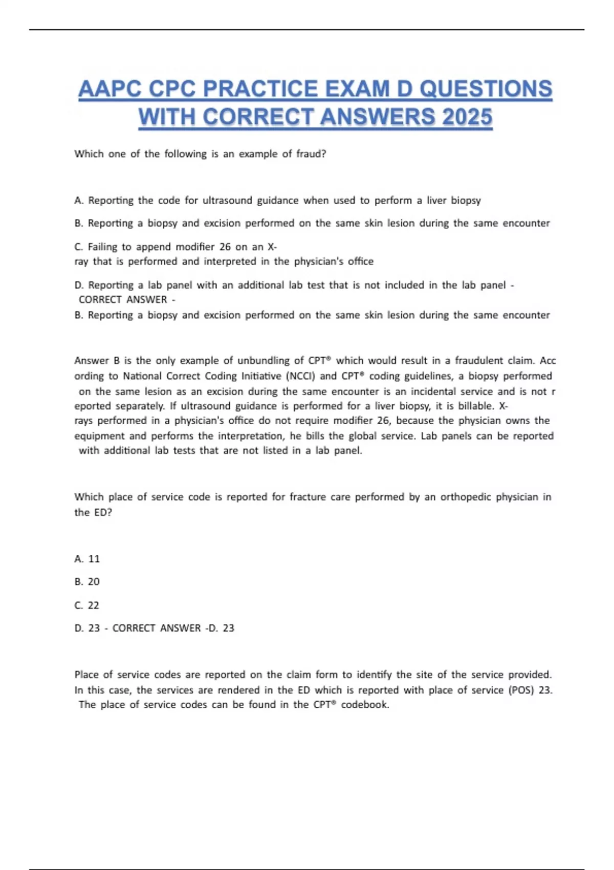 AAPC CPC PRACTICE EXAM D QUESTIONS WITH CORRECT ANSWERS 2025 - AAPC CPC ...