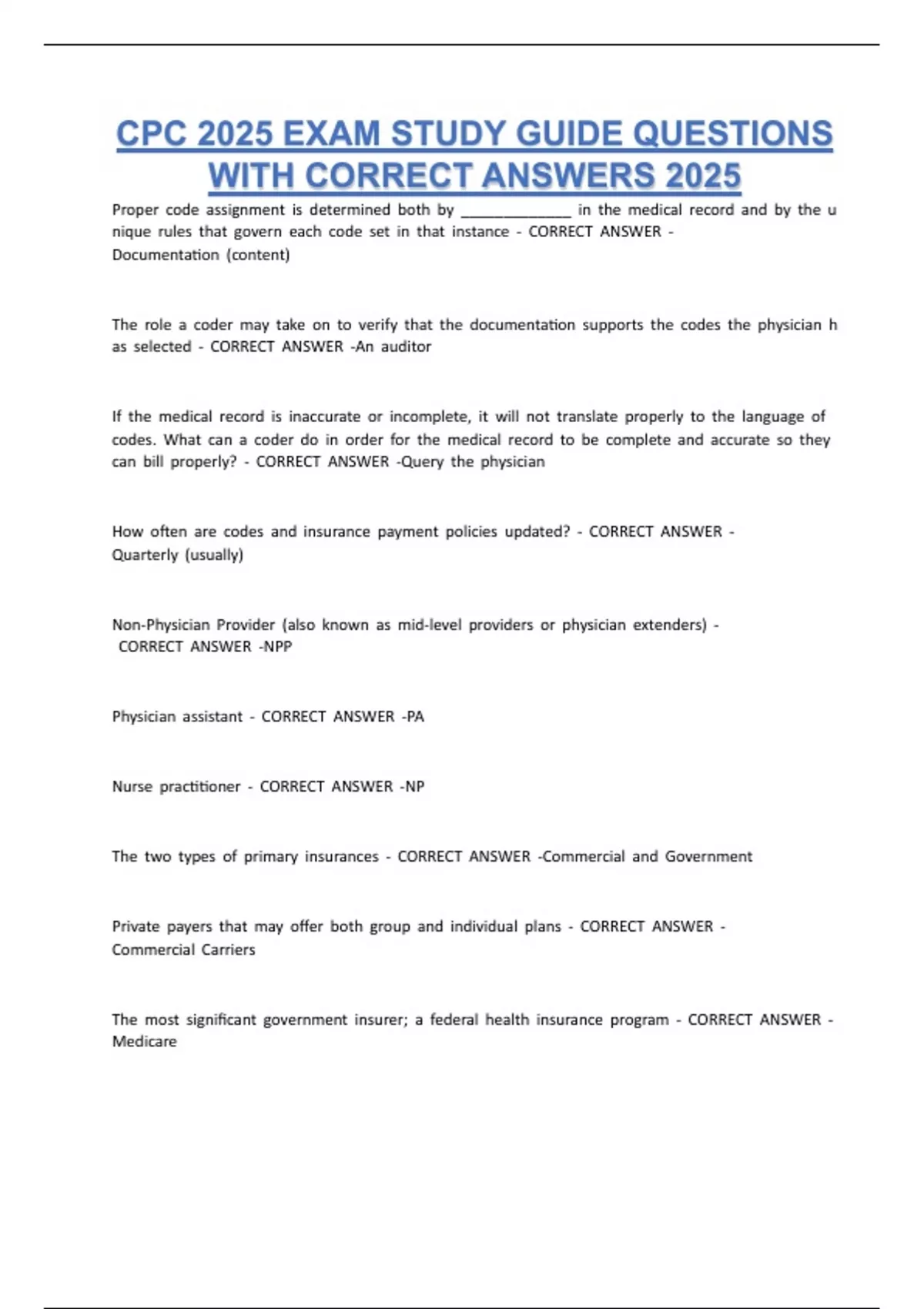 CPC 2025 EXAM STUDY GUIDE QUESTIONS WITH CORRECT ANSWERS 2025 - AAPC CPC - Stuvia US