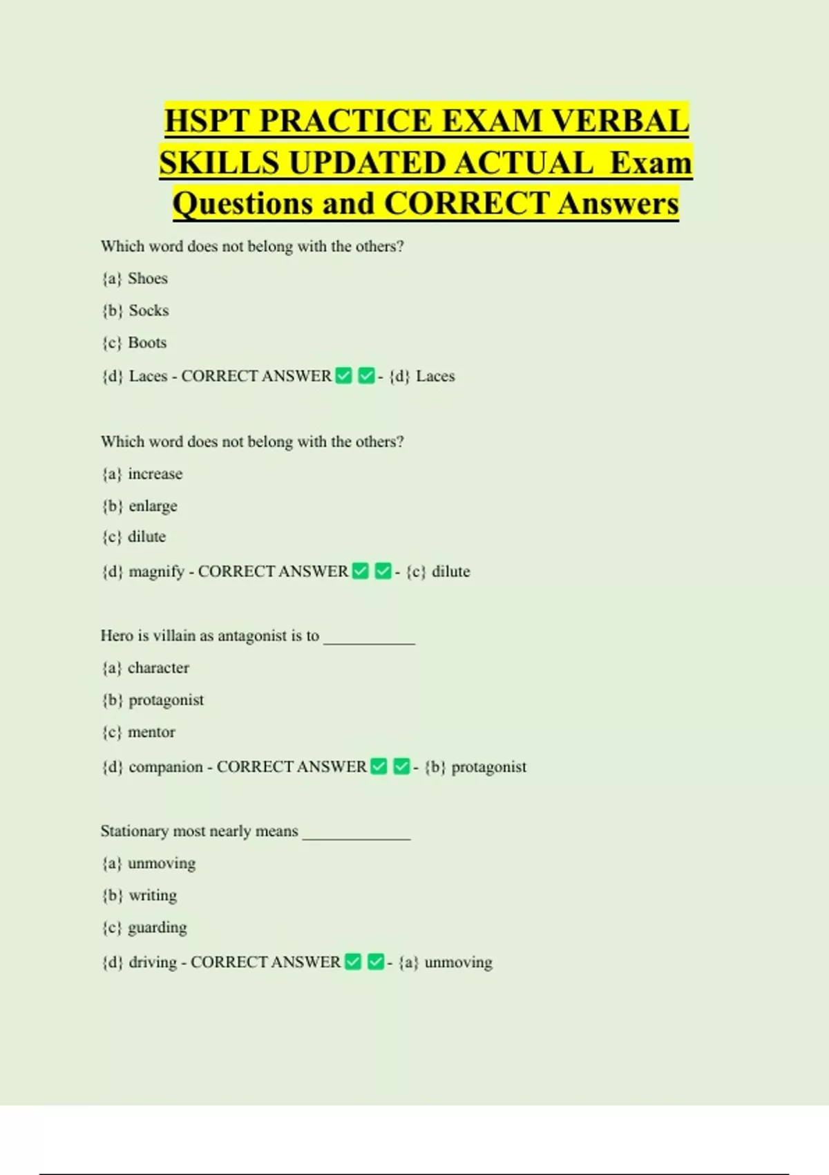 HSPT PRACTICE EXAM VERBAL SKILLS UPDATED ACTUAL Exam Questions and ...