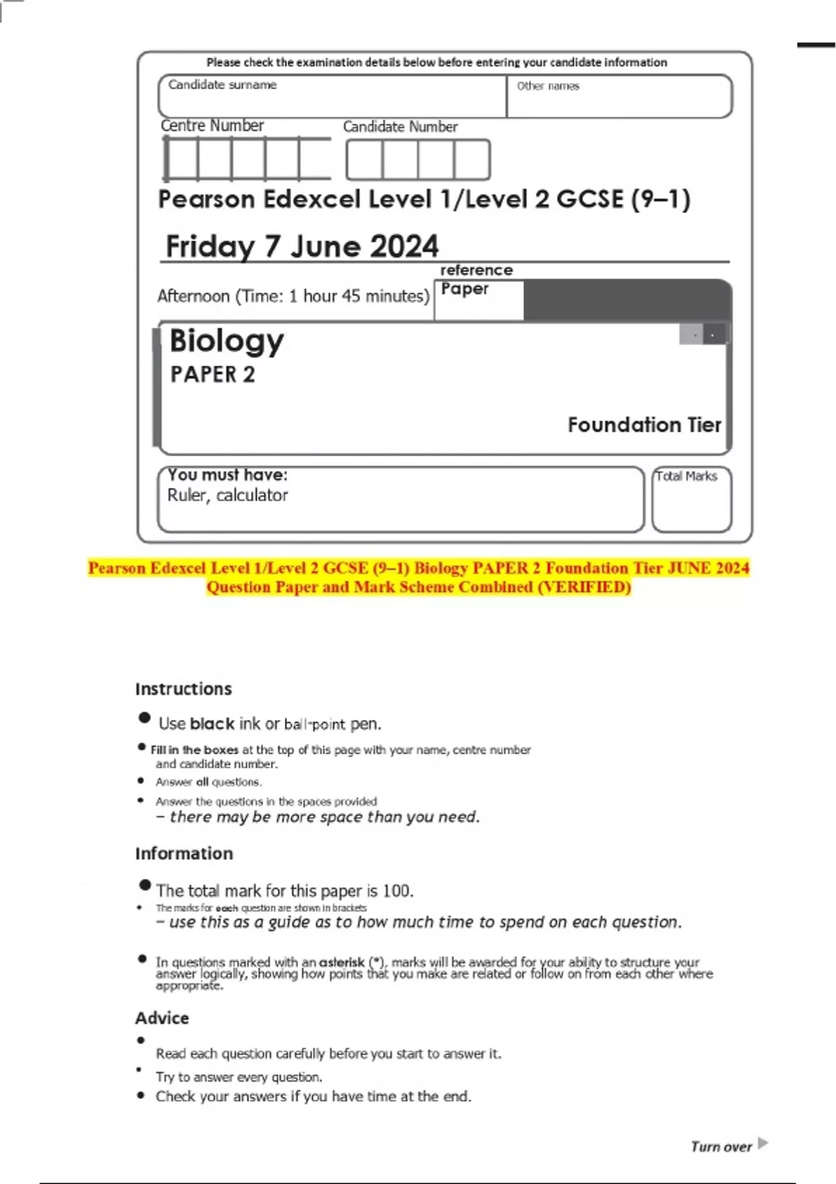 Pearson Edexcel Level 1/Level 2 GCSE (9–1) Biology PAPER 2 Foundation ...