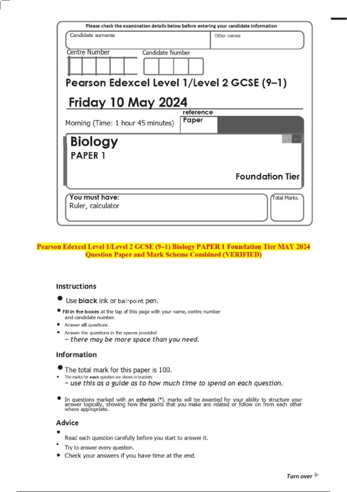 Pearson Edexcel Level 1/Level 2 GCSE (9–1) Biology PAPER 1 Foundation ...
