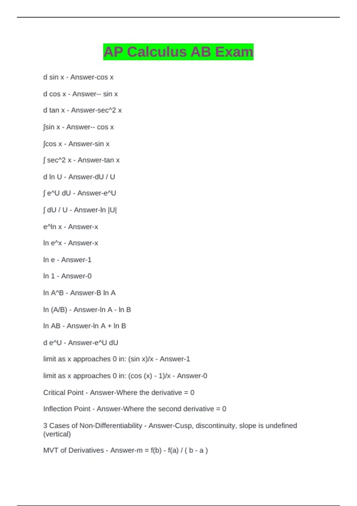 AP Calculus AB Exam Questions and Answers - AP Calculus AB - Stuvia US
