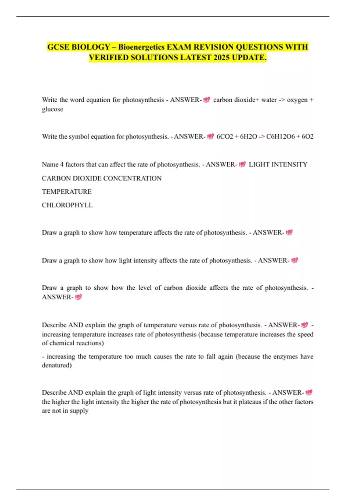 GCSE BIOLOGY – Bioenergetics EXAM REVISION QUESTIONS WITH VERIFIED ...