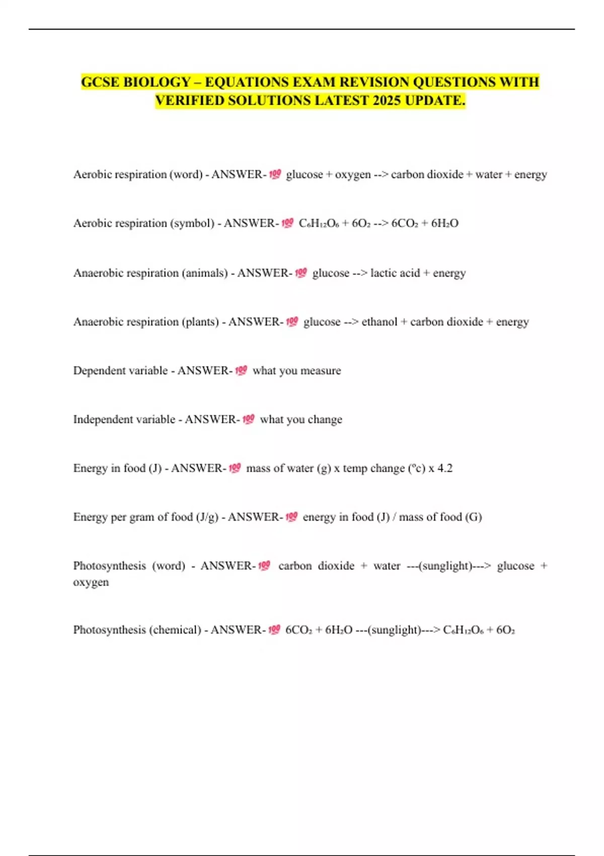 GCSE BIOLOGY – EQUATIONS EXAM REVISION QUESTIONS WITH VERIFIED ...