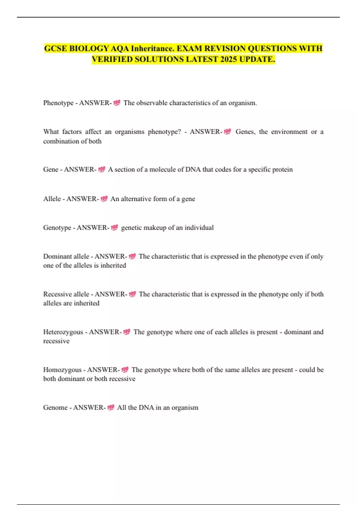 GCSE BIOLOGY AQA Inheritance. EXAM REVISION QUESTIONS WITH VERIFIED ...