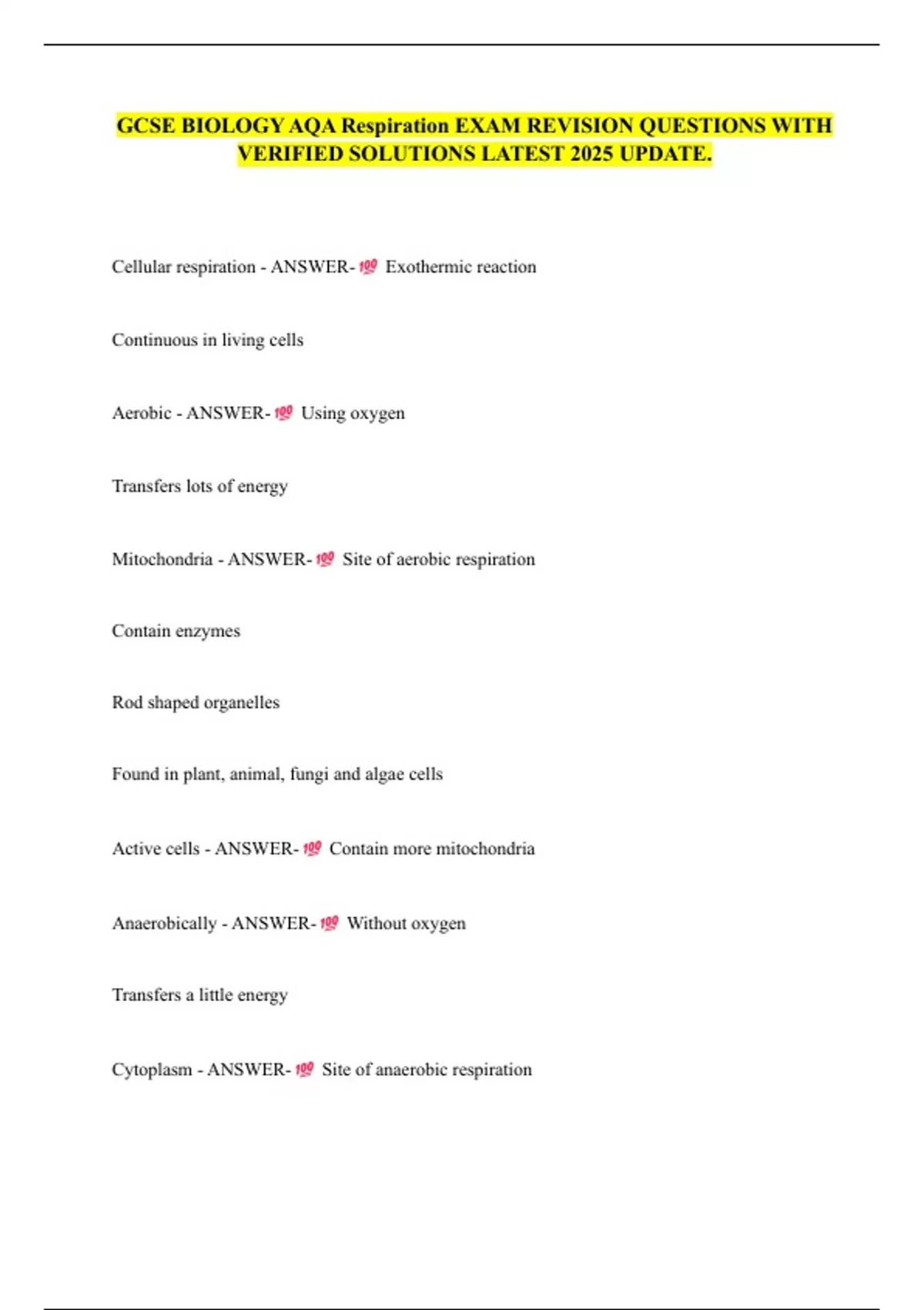 GCSE BIOLOGY AQA Respiration EXAM REVISION QUESTIONS WITH VERIFIED ...