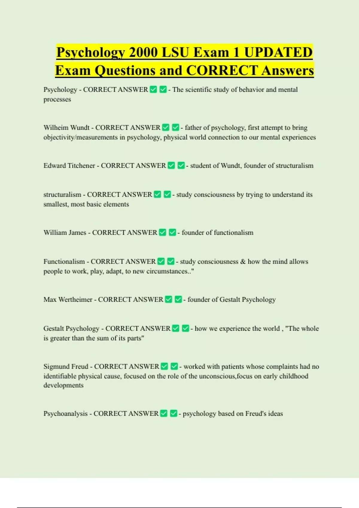 Psychology 2000 LSU Exam 1 UPDATED Exam Questions and CORRECT Answers - LSU PSYC - Stuvia US