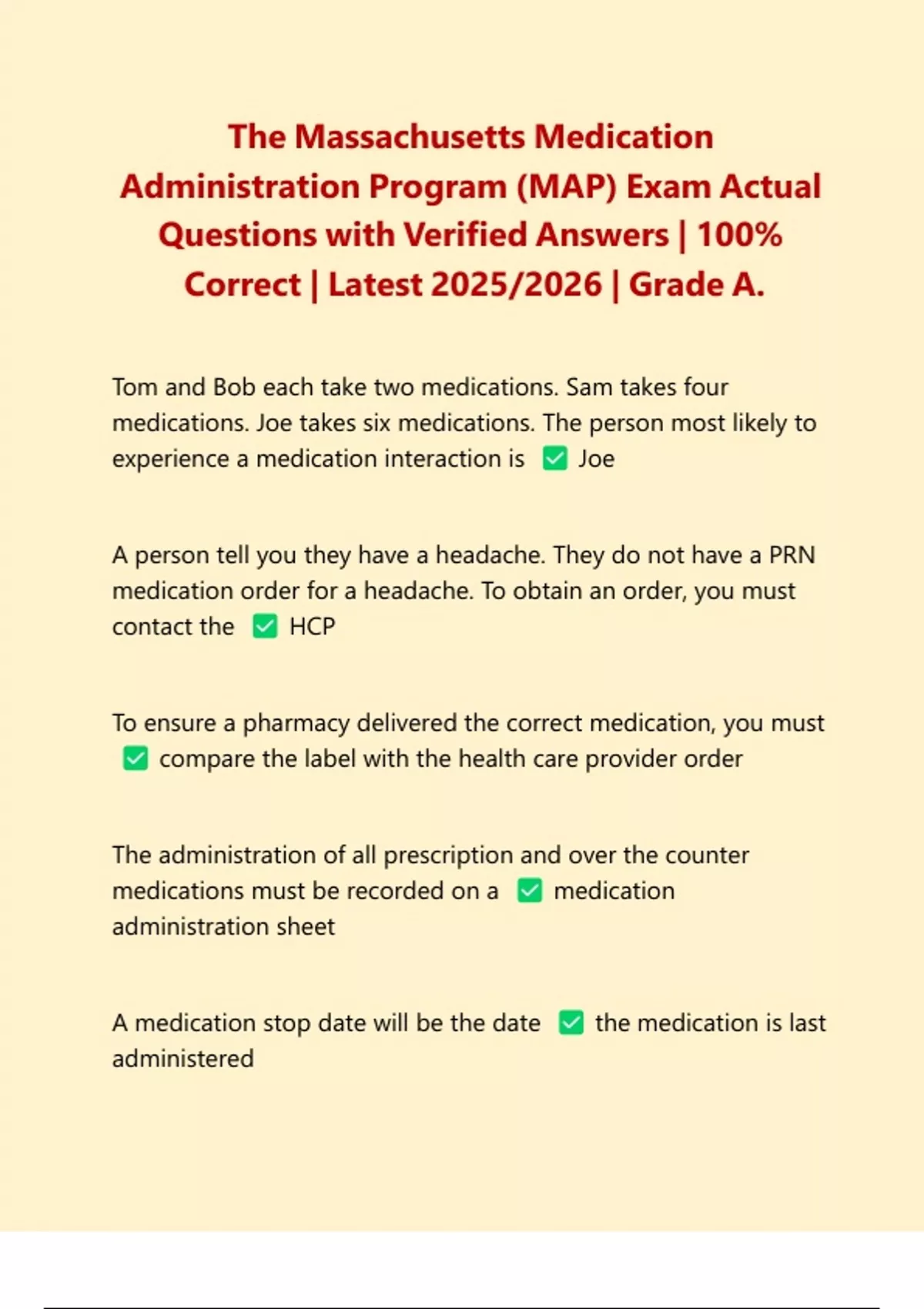 The Massachusetts Medication Administration Program (MAP) Exam Actual Questions with Verified ...