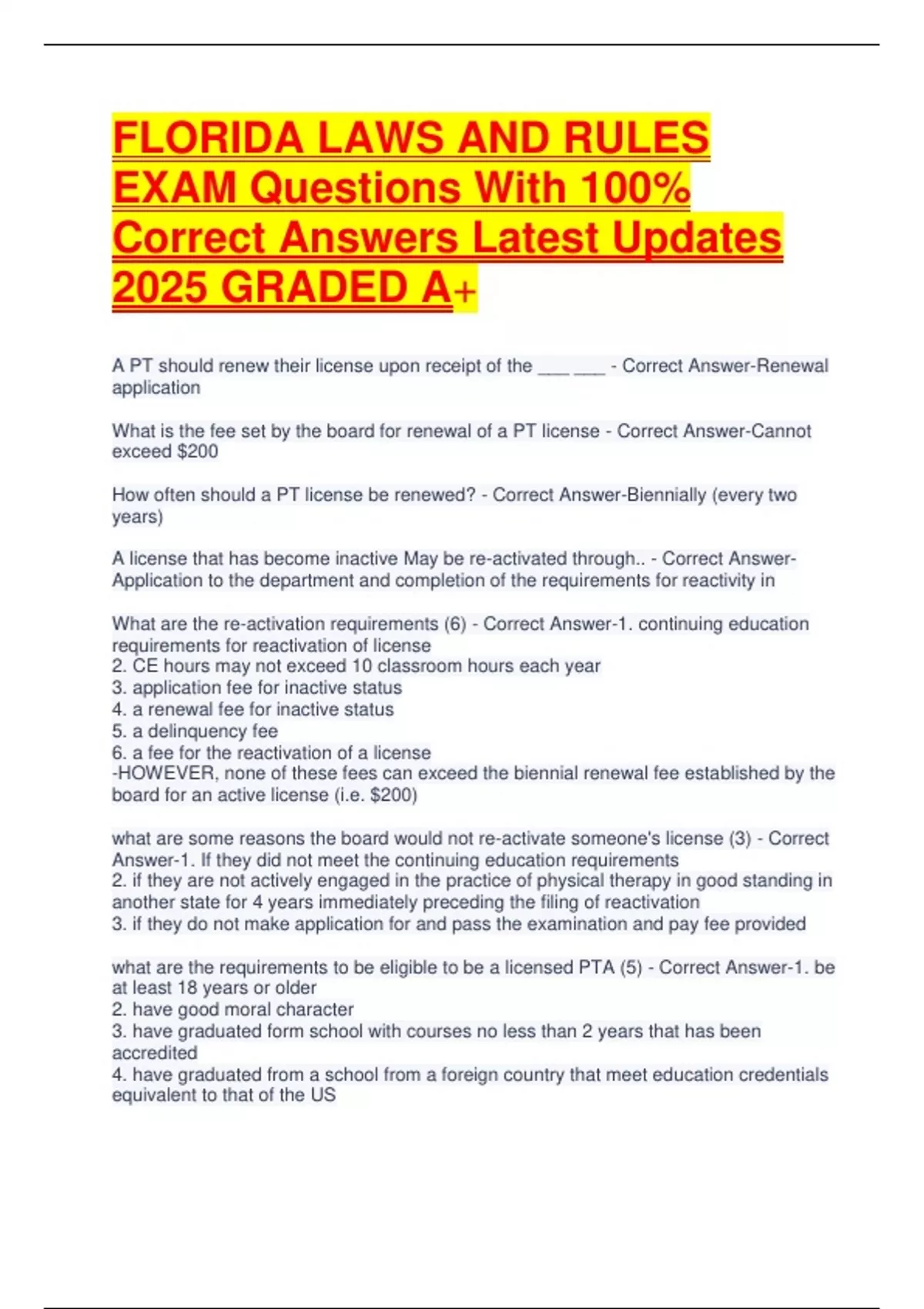 FLORIDA LAWS AND RULES EXAM Questions With 100- Correct Answers Latest ...