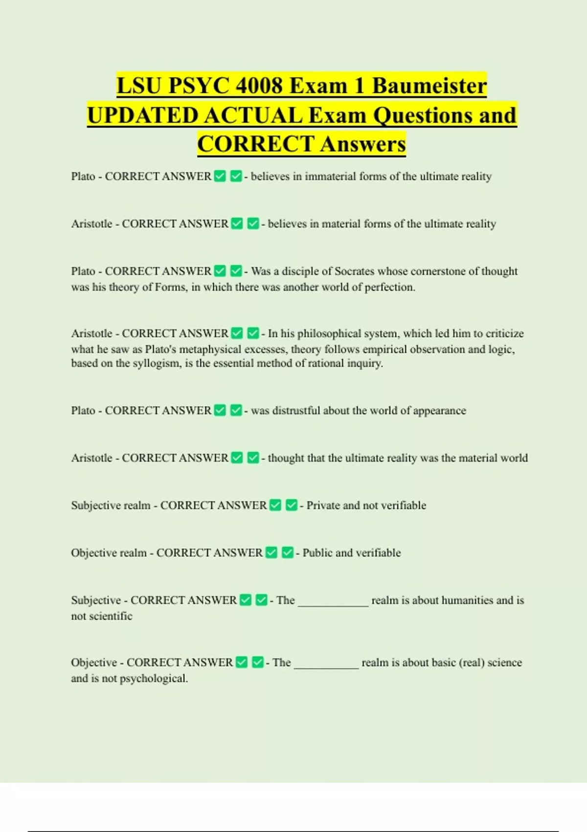 LSU PSYC 4008 Exam 1 Baumeister UPDATED ACTUAL Exam Questions and ...