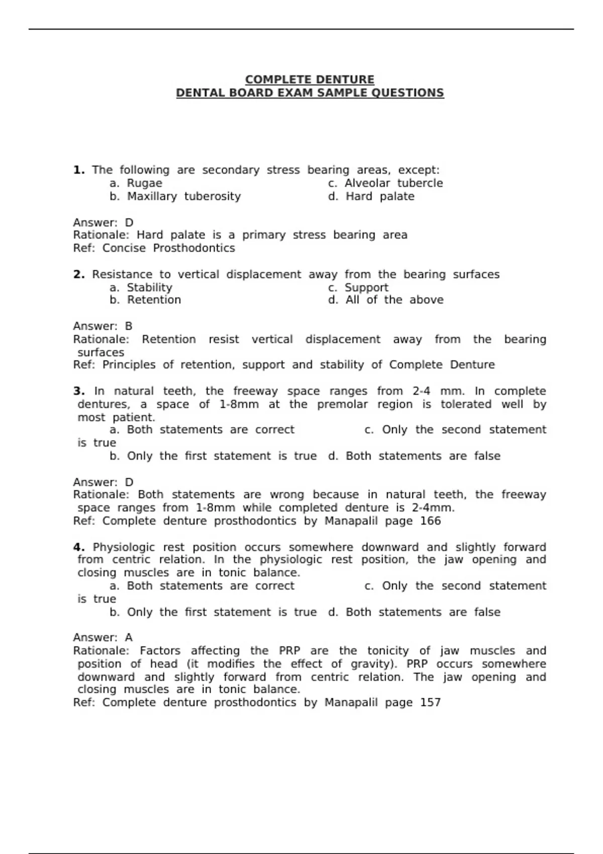 COMPLETE DENTURE DENTAL BOARD EXAM SAMPLE QUESTIONS - DENTURIST - Stuvia US