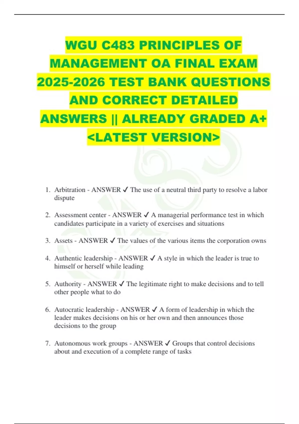 WGU C483 PRINCIPLES OF MANAGEMENT OA FINAL EXAM TEST BANK QUESTIONS AND ...