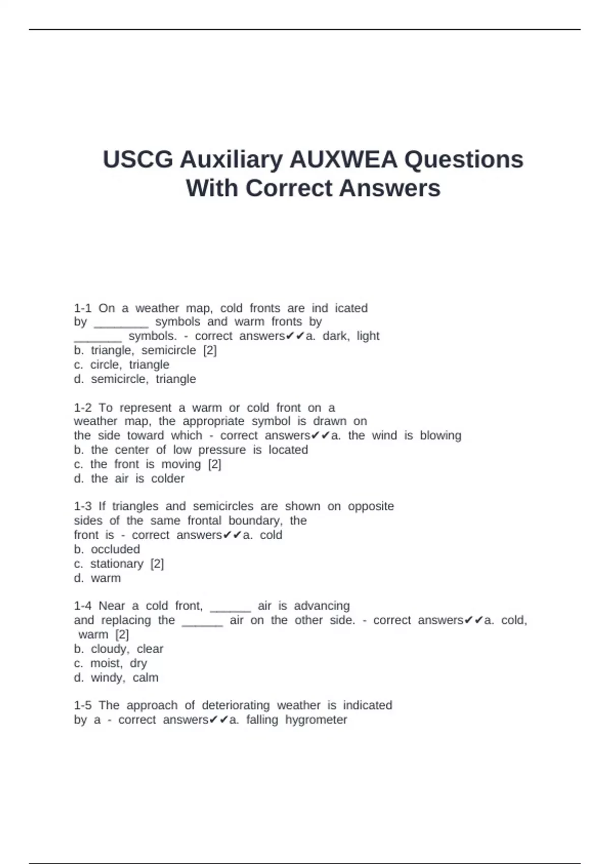 USCG Auxiliary AUXWEA Questions With Correct Answers - IMSEP - Stuvia US