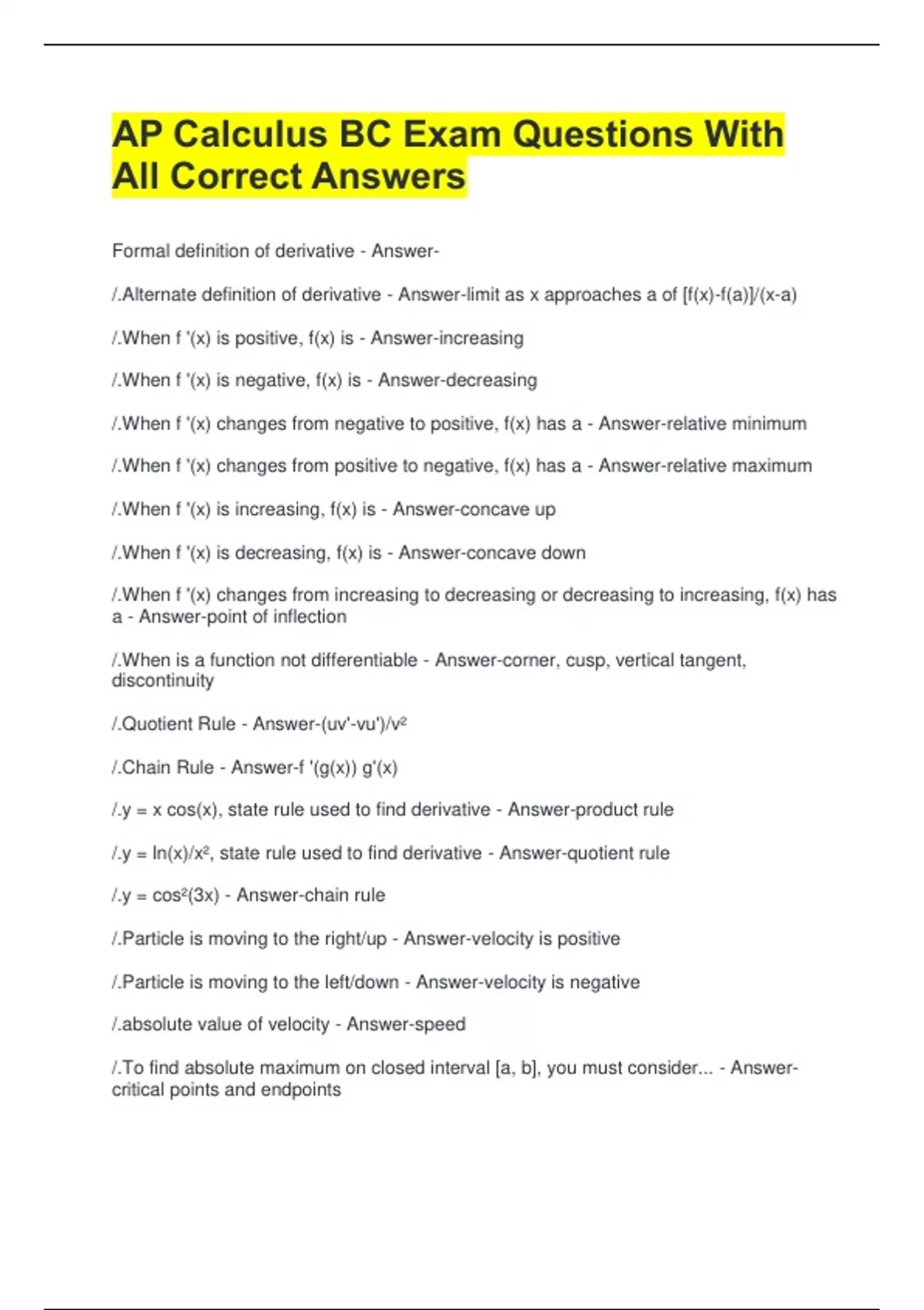 AP Calculus BC Exam Questions With All Correct Answers - AP Calculus BC ...