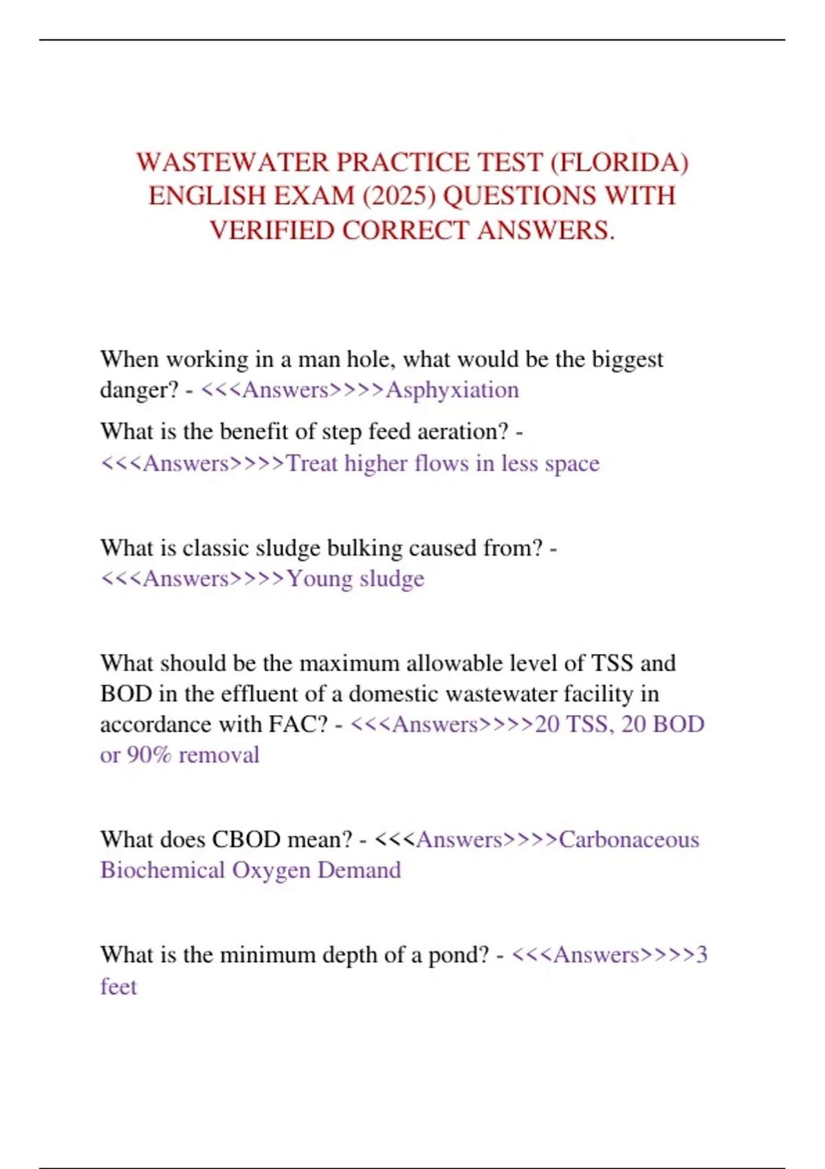 WASTEWATER PRACTICE TEST (FLORIDA) ENGLISH EXAM (2025) QUESTIONS WITH ...