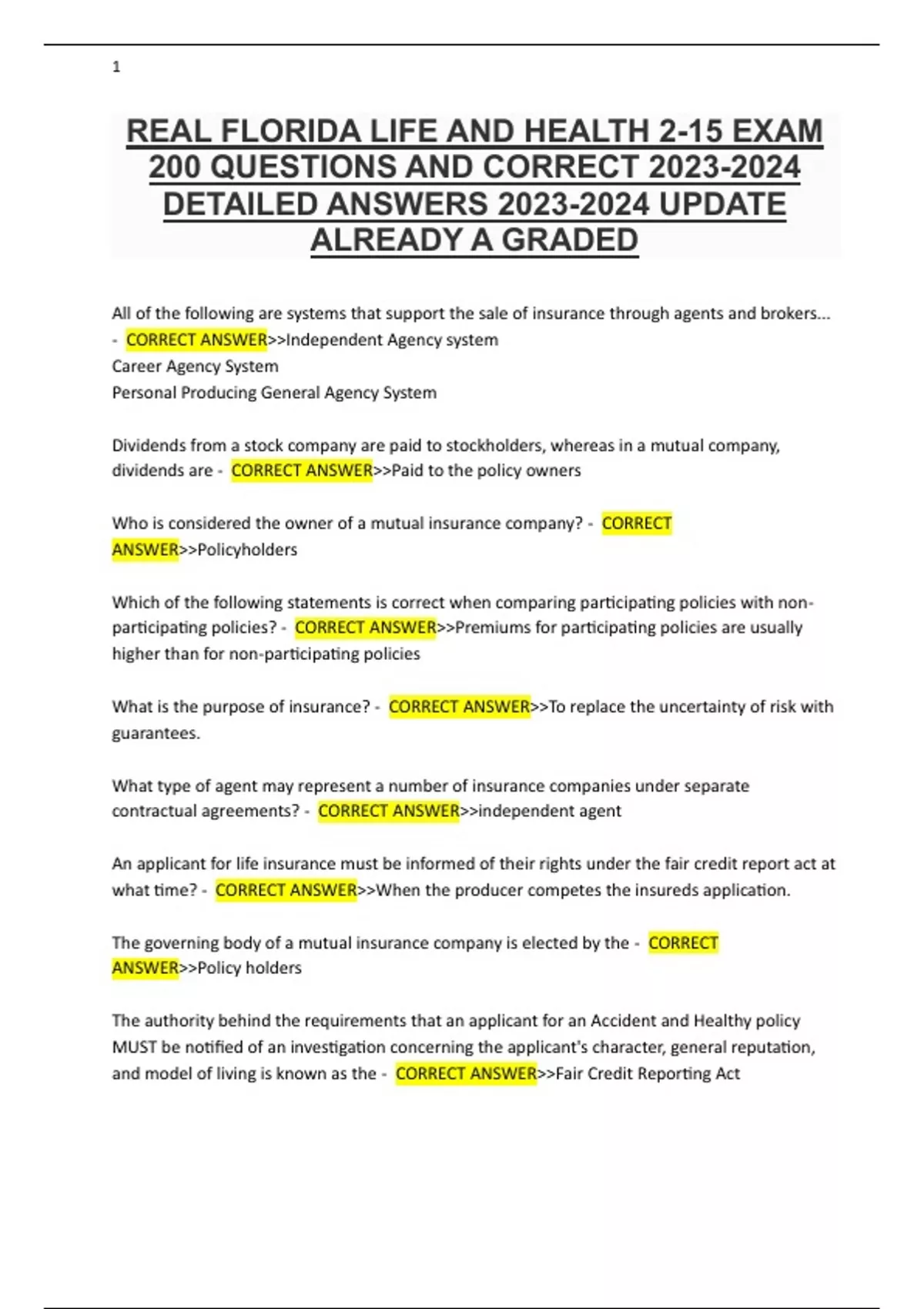 REAL FLORIDA LIFE AND HEALTH 2-15 EXAM 200 QUESTIONS AND CORRECT ...