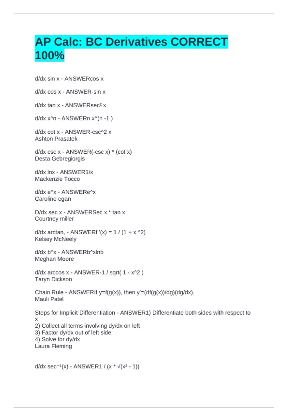 AP Calc: BC Derivatives CORRECT 100% - AP Calc: BC Derivatives - Stuvia US