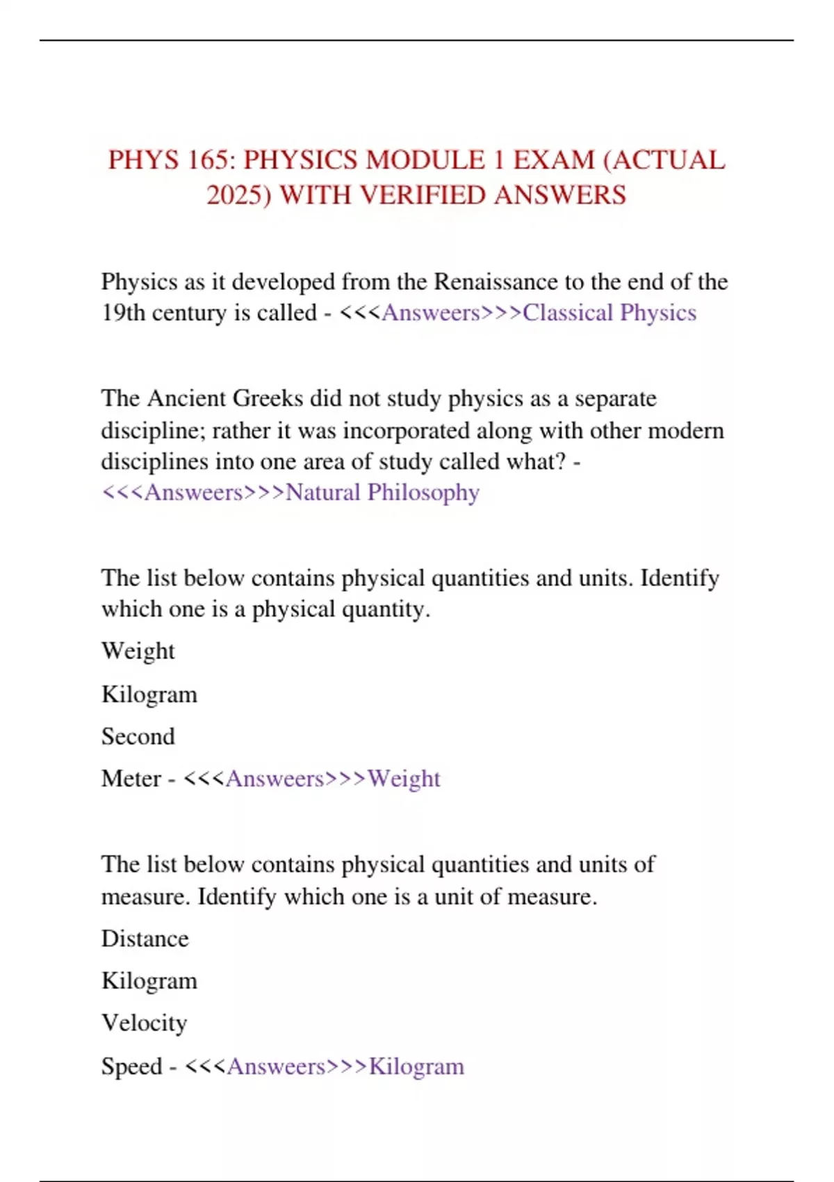 PHYS 165: PHYSICS MODULE 1 EXAM (ACTUAL 2025) WITH VERIFIED ANSWERS - PHYS 165: PHYSICS MODULE 1 ...