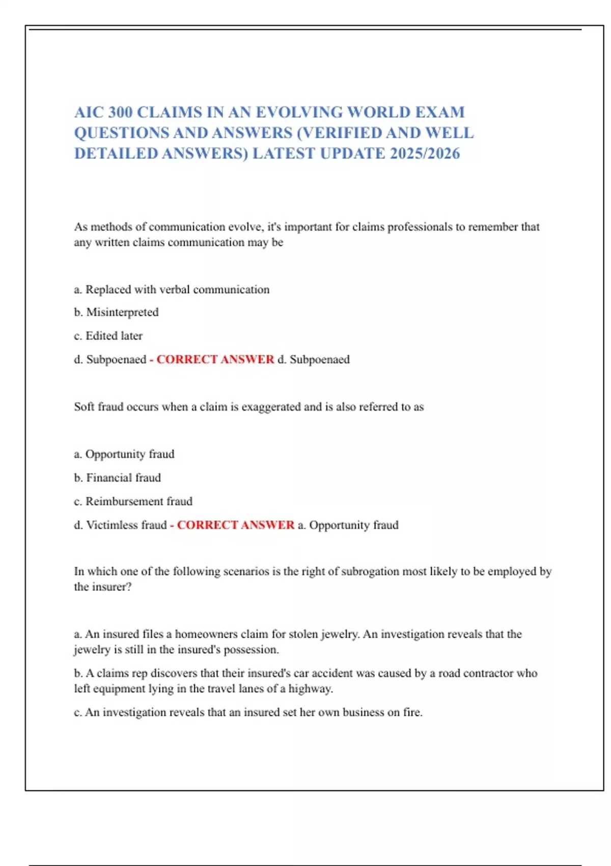 AIC 300 CLAIMS IN AN EVOLVING WORLD EXAM QUESTIONS AND ANSWERS ...