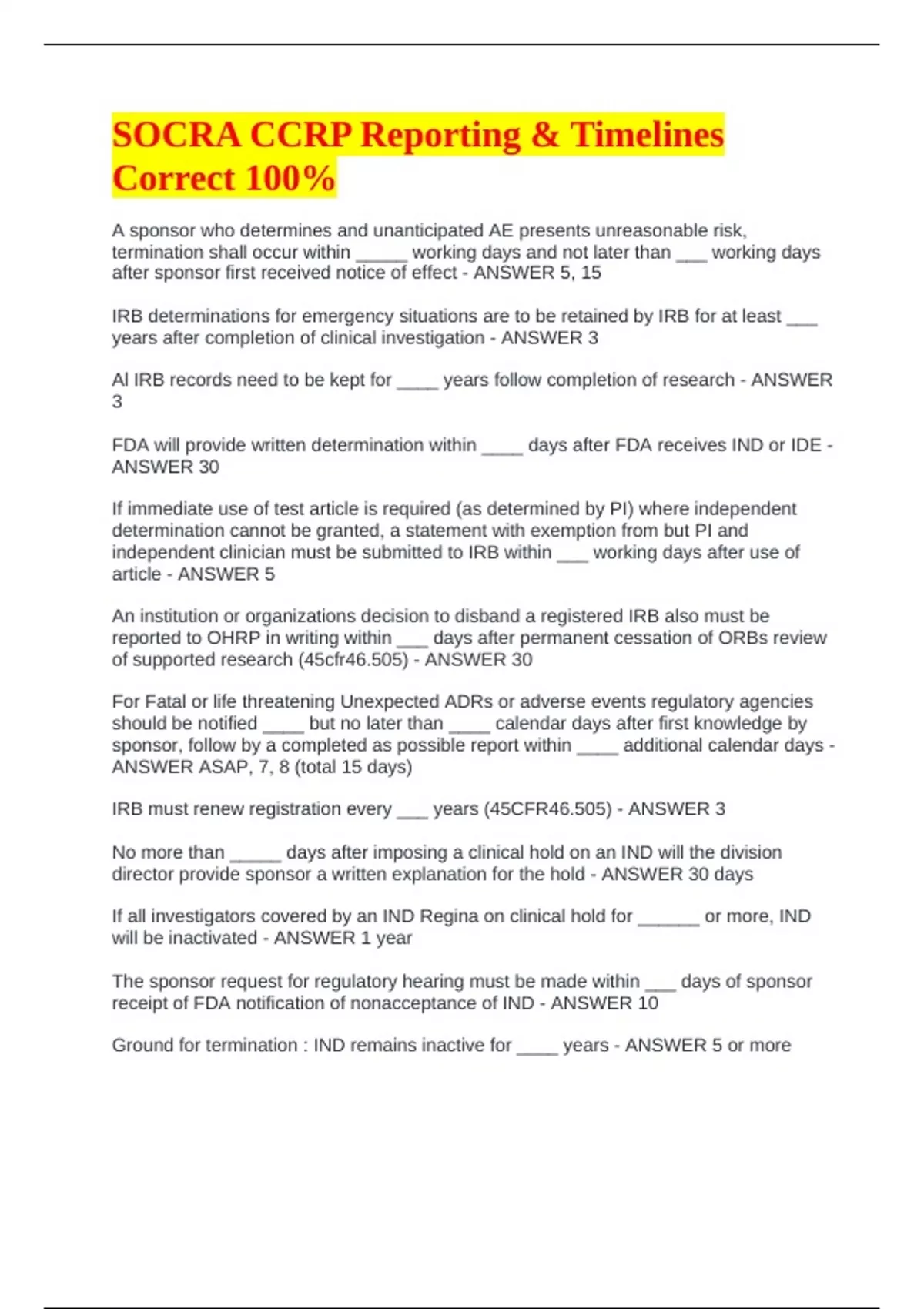 SOCRA CCRP Reporting & Timelines Correct 100% - SOCRA CCRP - Stuvia US