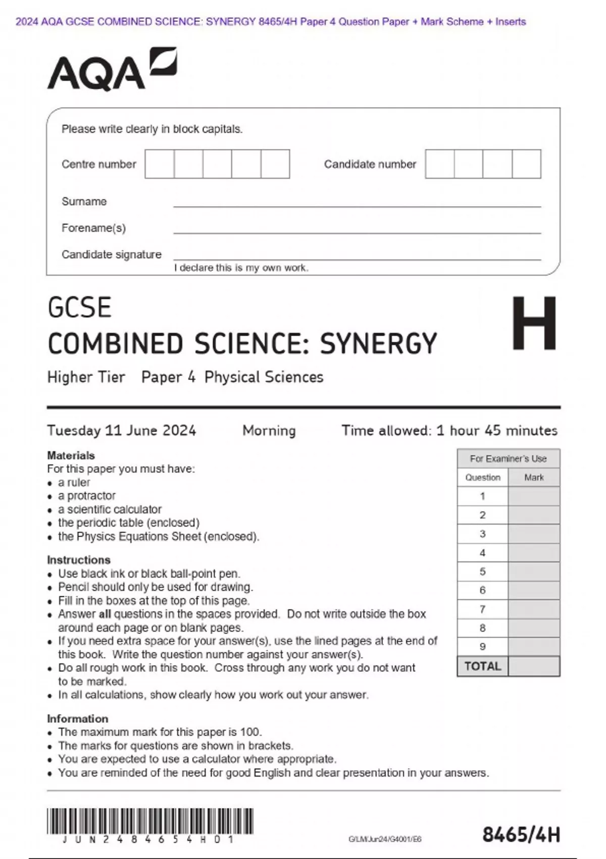 2024 AQA GCSE COMBINED SCIENCE: SYNERGY 8465/4H Paper 4 Question Paper ...