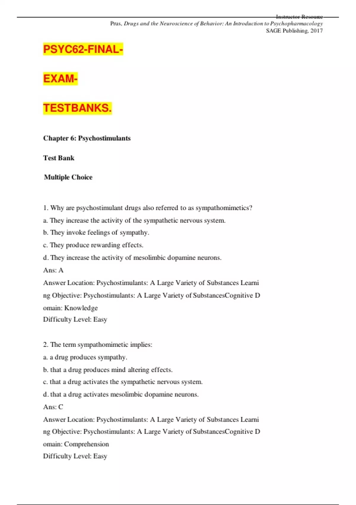 Test Bank for Drugs and the Neuroscience of Behavior, 3rd Edition by ...