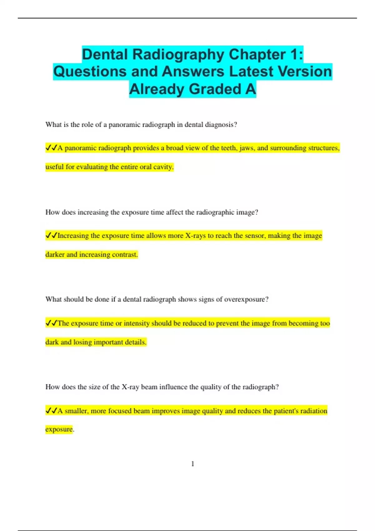 Dental Radiography Bundled Exams Questions and Answers Multiple ...