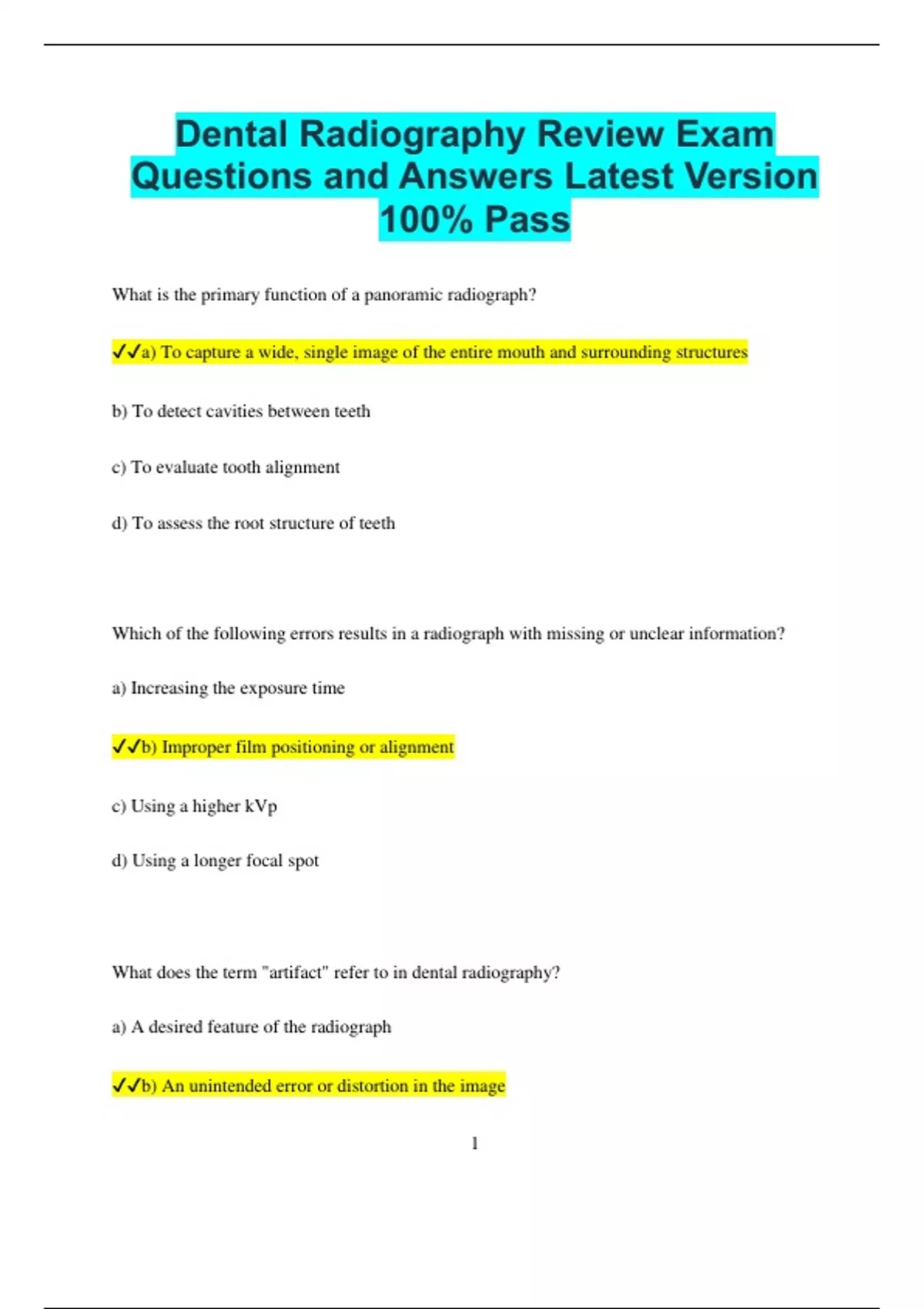 Dental Radiography Review Exam Questions and Answers Latest Version 100 ...