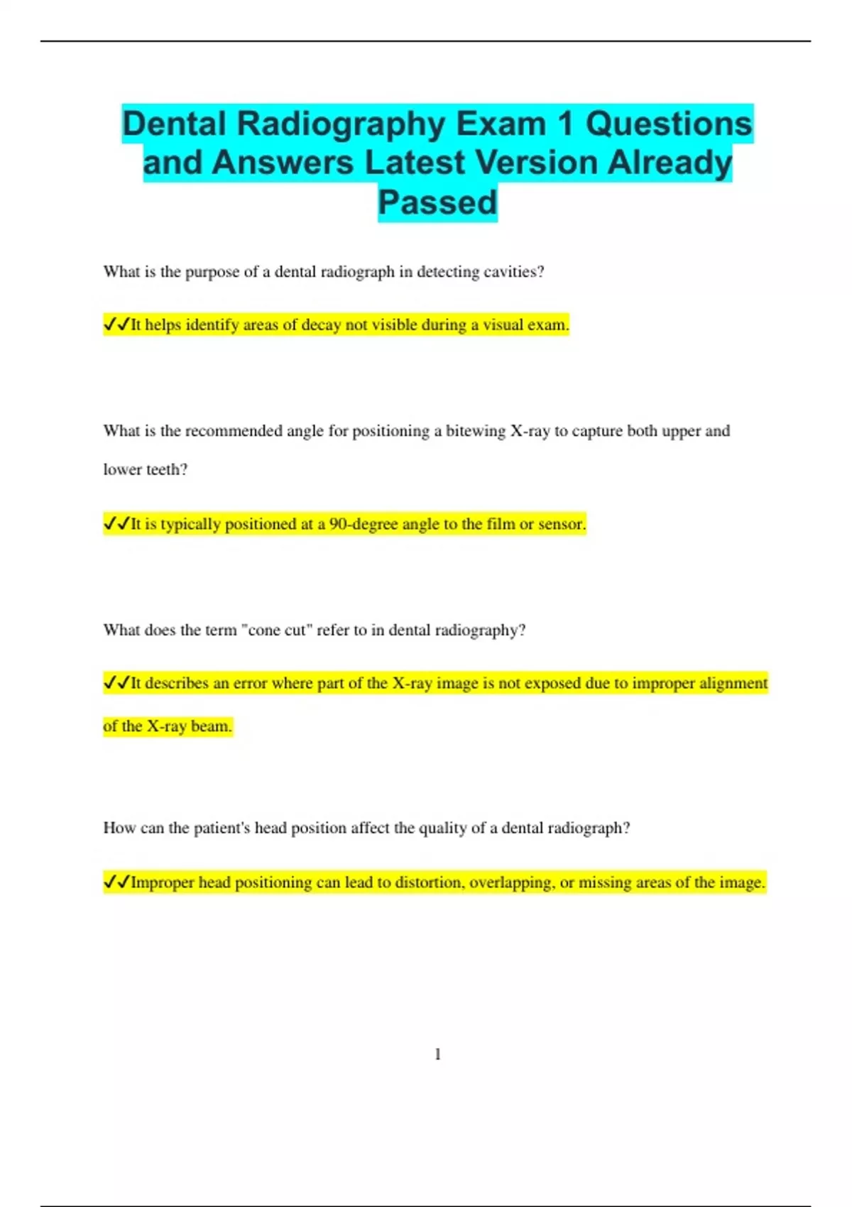 Dental Radiography Exam 1 Questions and Answers Latest Version Already ...