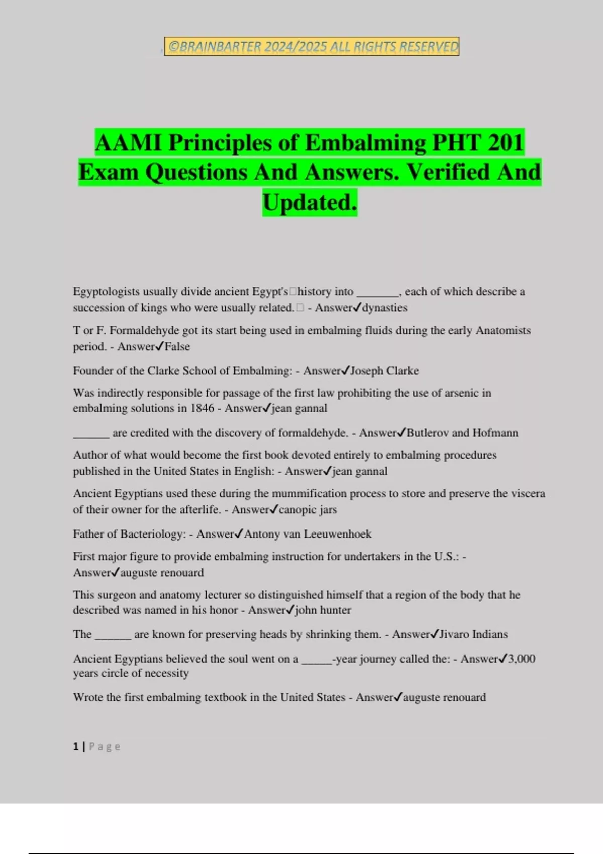 AAMI Principles of Embalming PHT 201 Exam Questions And Answers ...