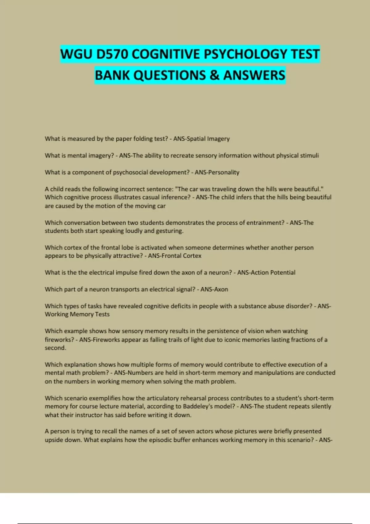 PACKAGE DEAL FOR COGNITIVE PSYCHOLOGY EXAM QUESTIONS WITH COMPLETE ...