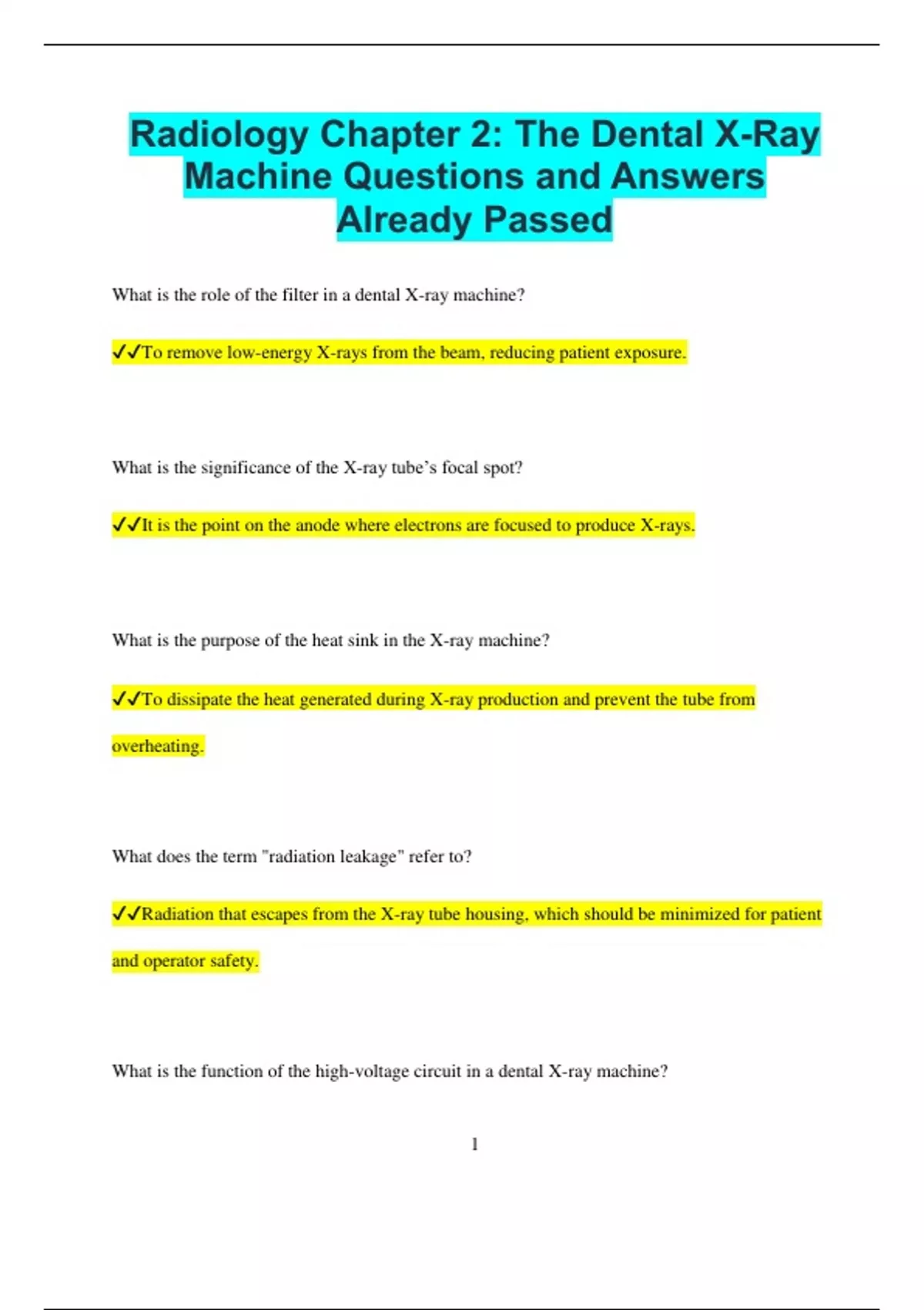 Radiology Chapter 2: The Dental X-Ray Machine Questions and Answers ...