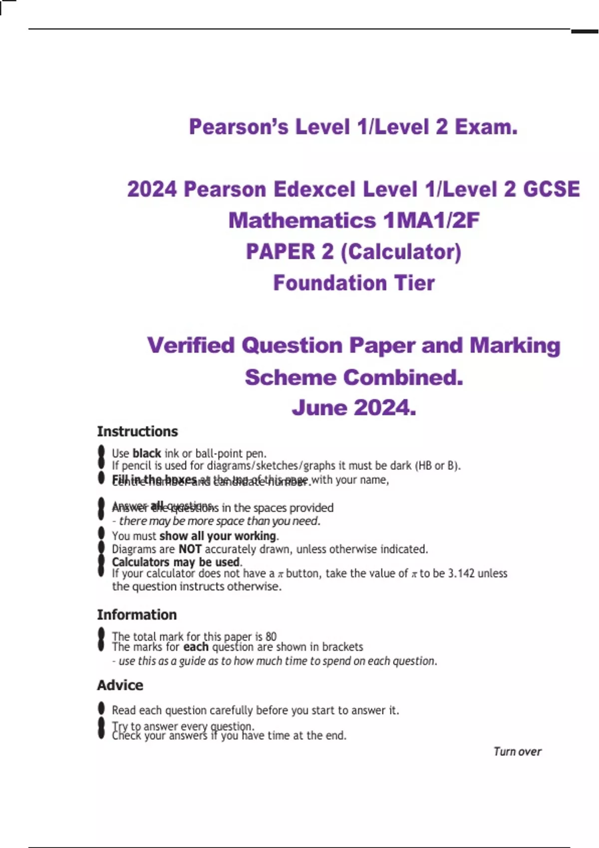 2024 Pearson Edexcel Level 1/Level 2 GCSE Mathematics 1MA1/2F PAPER 2 (Calculator) Foundation ...