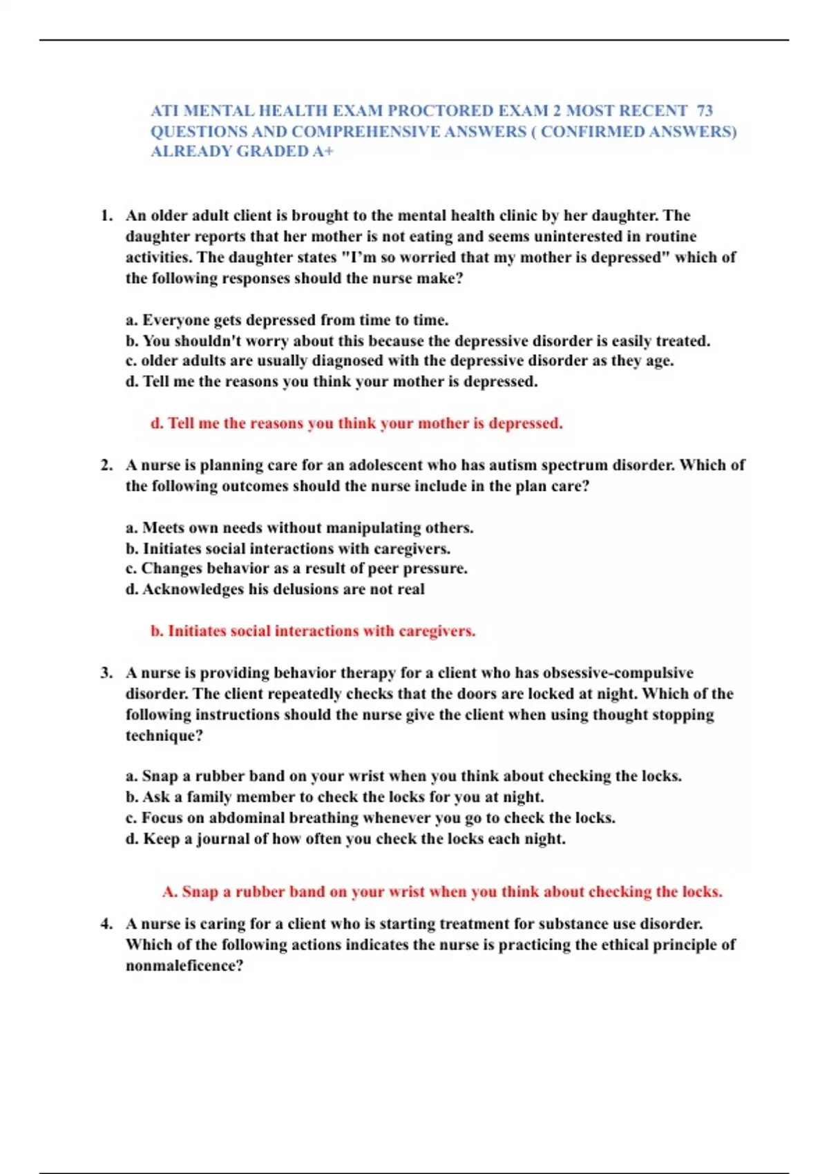 ATI MENTAL HEALTH EXAM PROCTORED EXAM 2 MOST RECENT 73 QUESTIONS AND ...