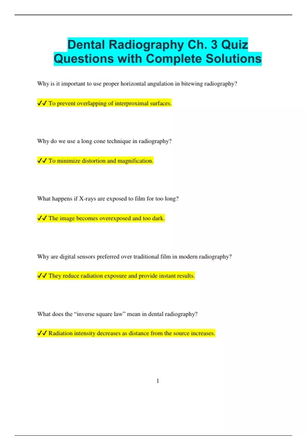 Dental Radiography Ch. 3 Quiz Questions with Complete Solutions ...