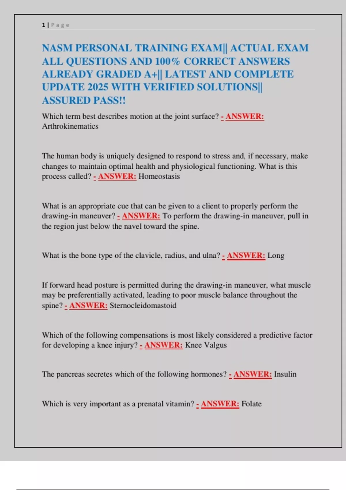 NASM PERSONAL TRAINING EXAM|| ACTUAL EXAM ALL QUESTIONS AND 100% ...