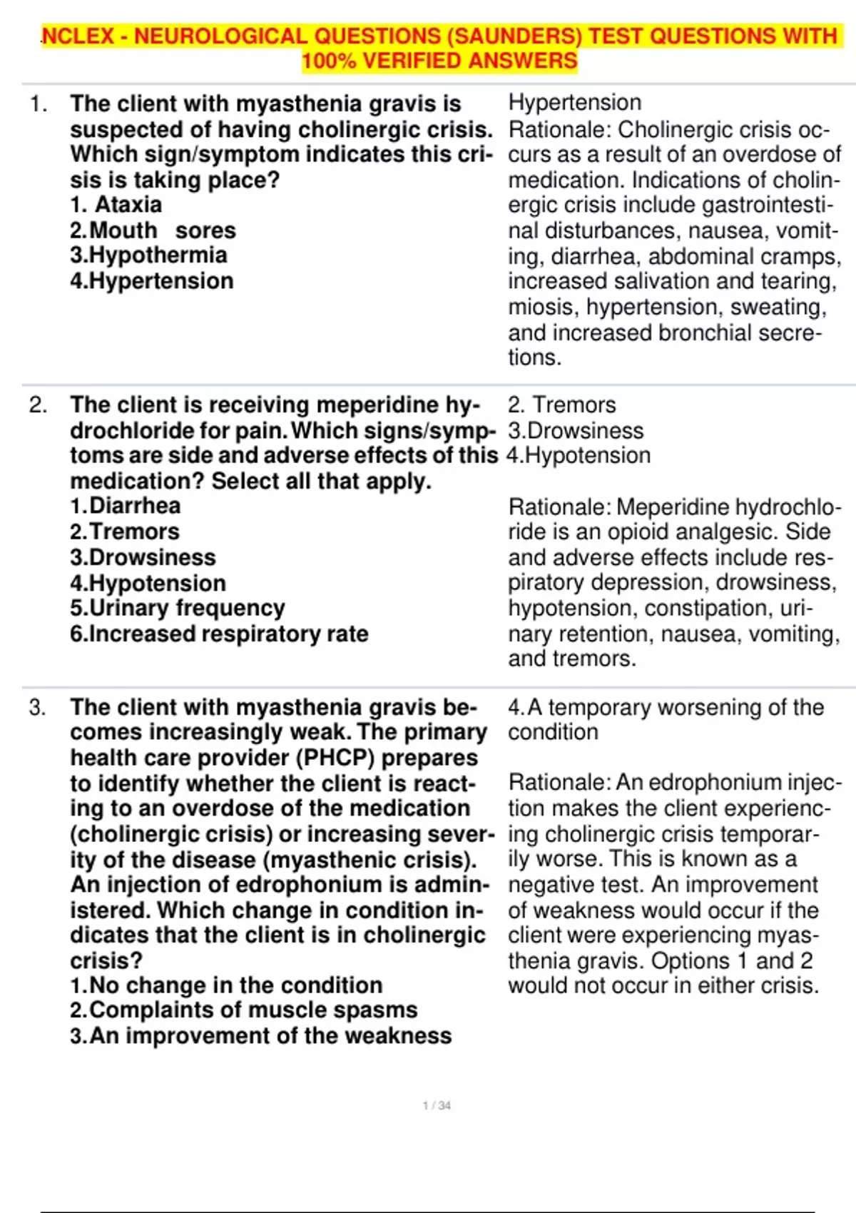 NCLEX - NEUROLOGICAL QUESTIONS (SAUNDERS) TEST QUESTIONS WITH 100% ...